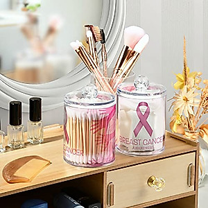 Breast Cancer Awareness 2 Pack 10 OZ Qtip Holder Dispenser for Cotton Ball, Cotton Swab, Cotton Round Pads, Floss, Plastic Apothecary Jar Set for Bathroom Canister Storage Organization, Vanity Makeup Organizer