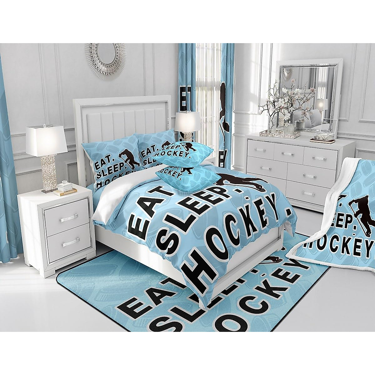 jejeloiu Ice Hockey Cotton Duvet Cover Set Twin Size Eat Sleep Ice Hockey Comforter Cover Set for Boys Girls Sports Theme Bedding Set Room Decorations Bedspread Cover 2Pcs