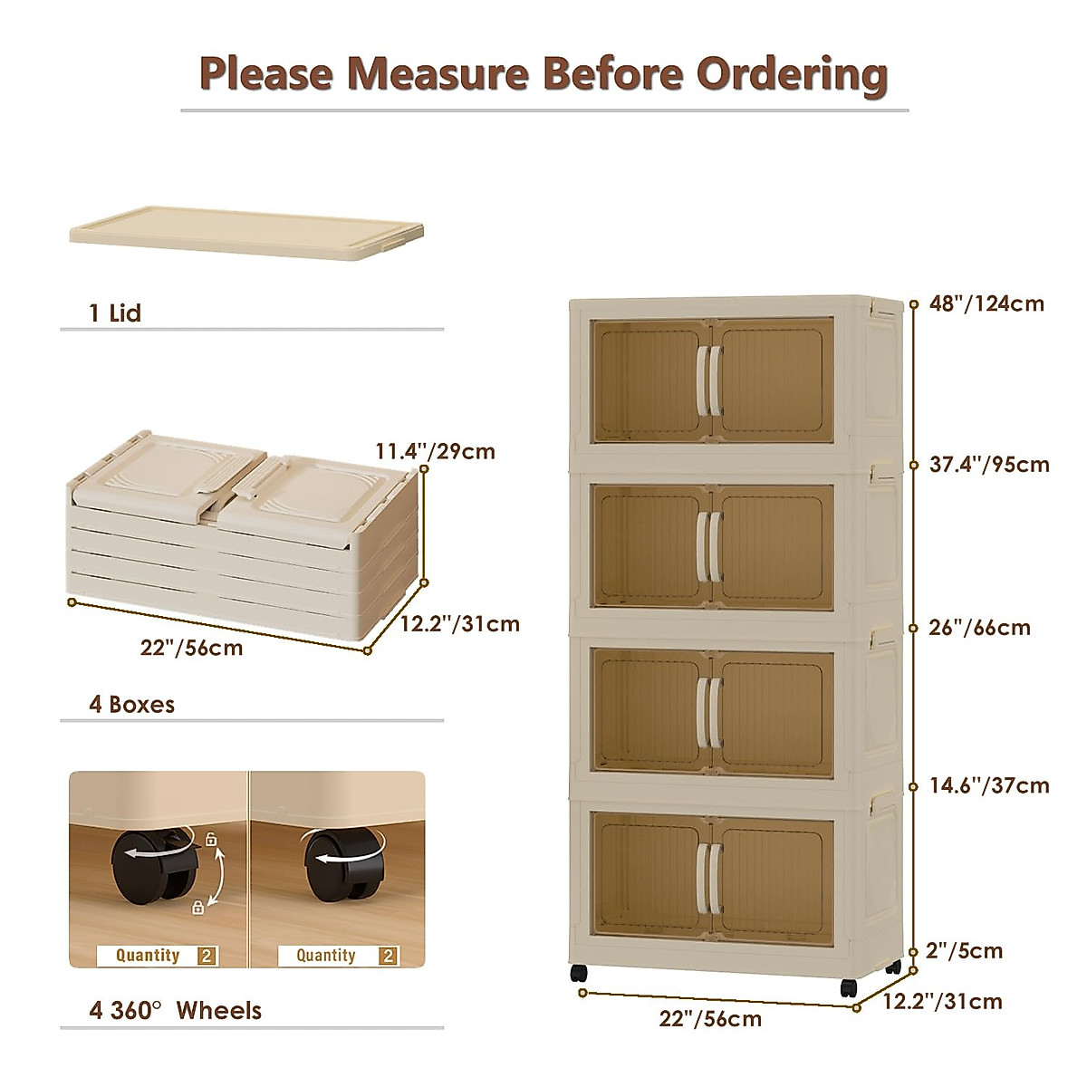 wookon 213Quart Storage Bins with Wheels-Magnetic Plastic Storage Bins,4 Tiers Storage Bins,Beige Closet Organizers and Storage,Dual Open Collapsible Storage Bins for Home and Office Storage