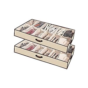 Shonpy 2PCS Men/Woman 12 Cells See Through Underbed shoes and boots Storage Bag Organizer with PVC window (beige)