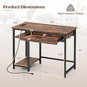 Giantex Computer Desk with Drawers and Power Outlets, Industrial Gaming Desk Computer Workstation with Adjustable Storage Shelf, Headphone Hooks, Study Writing Work Desk for Home Office