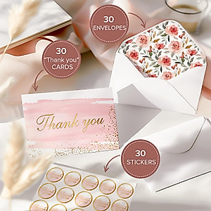 30 Thank You Cards with Envelopes Blank Gold Foil&Watercolor Bulk Box Set with Elegant Floral Envelopes &Stickers for Wedding, Baby Shower, Bridal Shower, Business, Anniversary - 4" x 6"