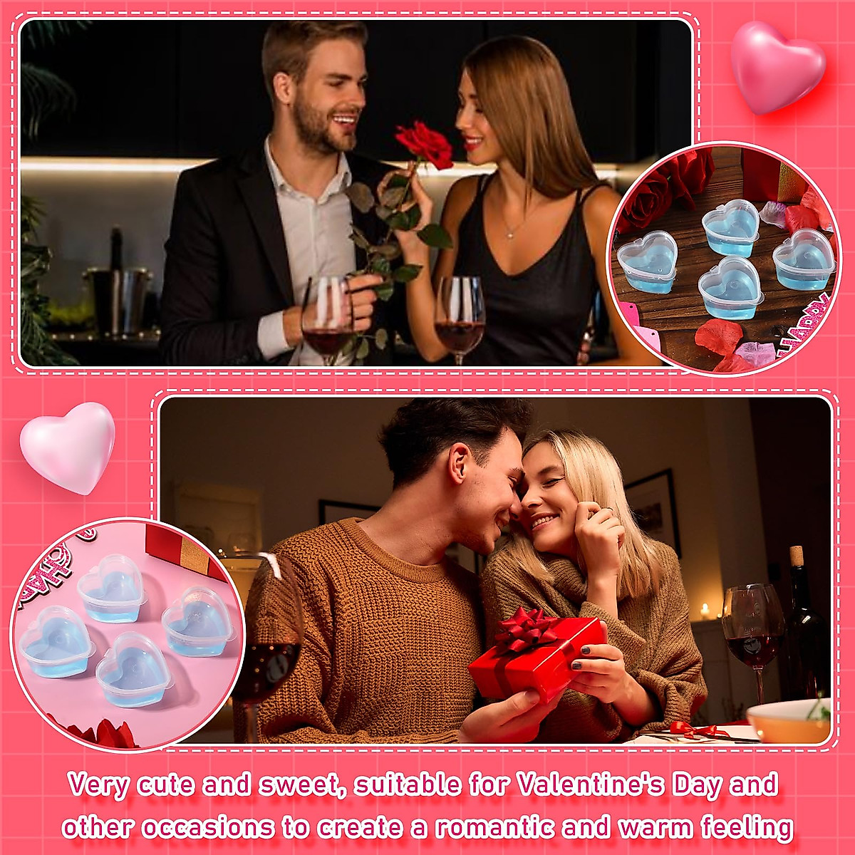 Didaey 72 Pcs 2.4 oz Valentine‘s Day Heart Shaped Containers Plastic Box with Lids Reusable Small Portion Cups Condiment Storage Container Clear Transparent Cup for Food DIY Liquid Foam Ball Soft Clay