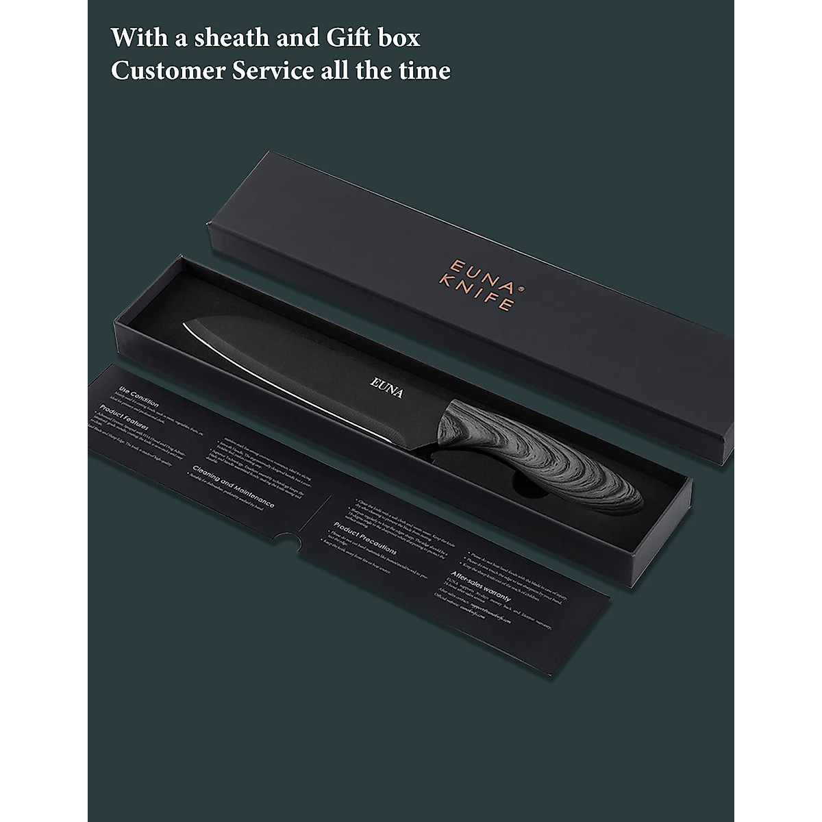 EUNA 7 Inch Chef Knife Ultra Sharp, Kitchen Knife with Sheath & Gift Box, Santoku Knife for Meat/Fruit/Veggie Cutting, Gray Zebra Texture, Non-sticking coating and PP Handle Gary-Black, L03