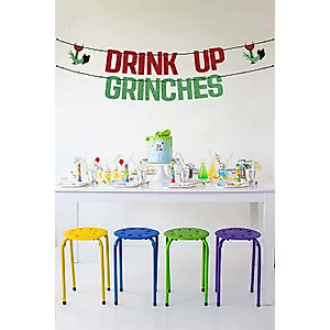 Drink Up Grinches Banner, Red & Green Glittery Christmas Decorations Banners, Grinch Christmas Decorations Winter Holiday Garland Photo Props Banner for Party Decorations