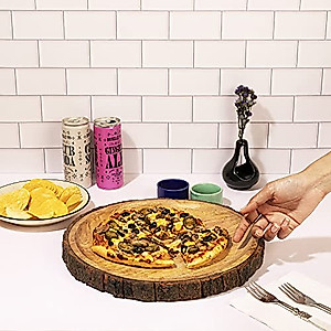 GoCraft Round Wooden Serving Platter with Tree Bark on Edges | Mango Wood Pizza Platter, Serve Board | Charcuterie Platter - 13"