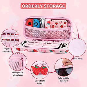 RHOTALL Cute Carrying Case for Nintendo Switch & Switch OLED Cover, Hard Portable Travel Case for Switch Accessories with Game Case, 2 Joy Con Shell, Shoulder Strap, and 2 Thumb Caps - Pink Strawberry