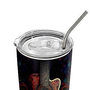 20oz Hippie Acoustic Guitar, Guitarist, Musician Gifts, Coffee Thermos for Men, Women, Stainless Steel Double Wall Vacuum Insulated Coffee Mug, Travel Cup with Lid