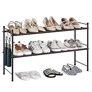 smusei 2 Tier Shoe Rack for Closet Freestanding Sturdy Fabric Shoe Rack Entryway Storage Organizer Shelf with 2 Metal Hooks, Door, Dorm Room, Bronze