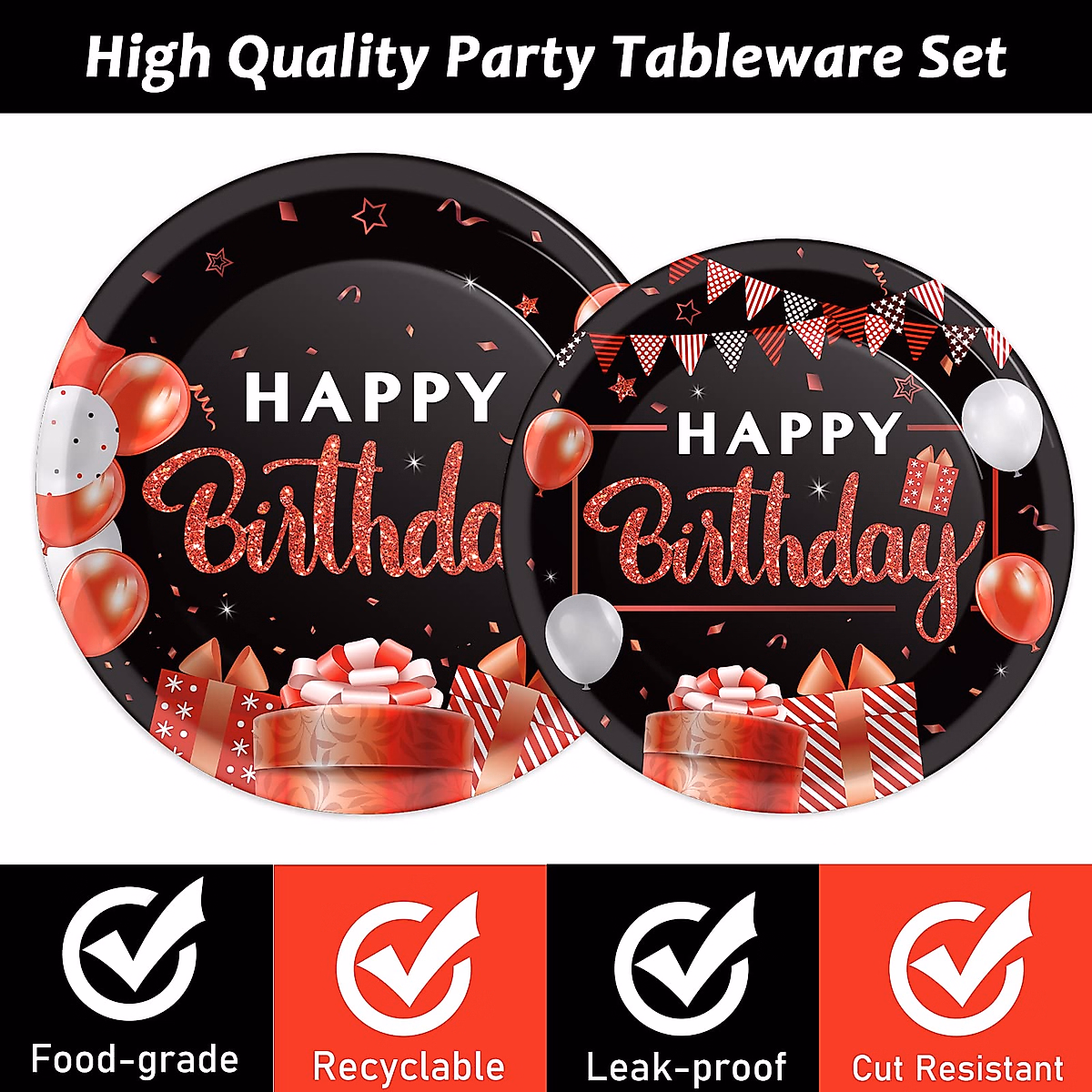 96 Pieces Red and Black Tableware Set Confetti Sprinkles Happy Birthday Party Decorations Table Decors for Men Women Plates Napkins Forks for 24 Guests