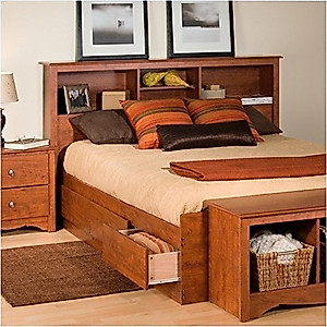 BOWERY HILL Country Style Freestanding Full/Queen Wood Bookcase Bed Headboard and Cabinet Storage in Cherry