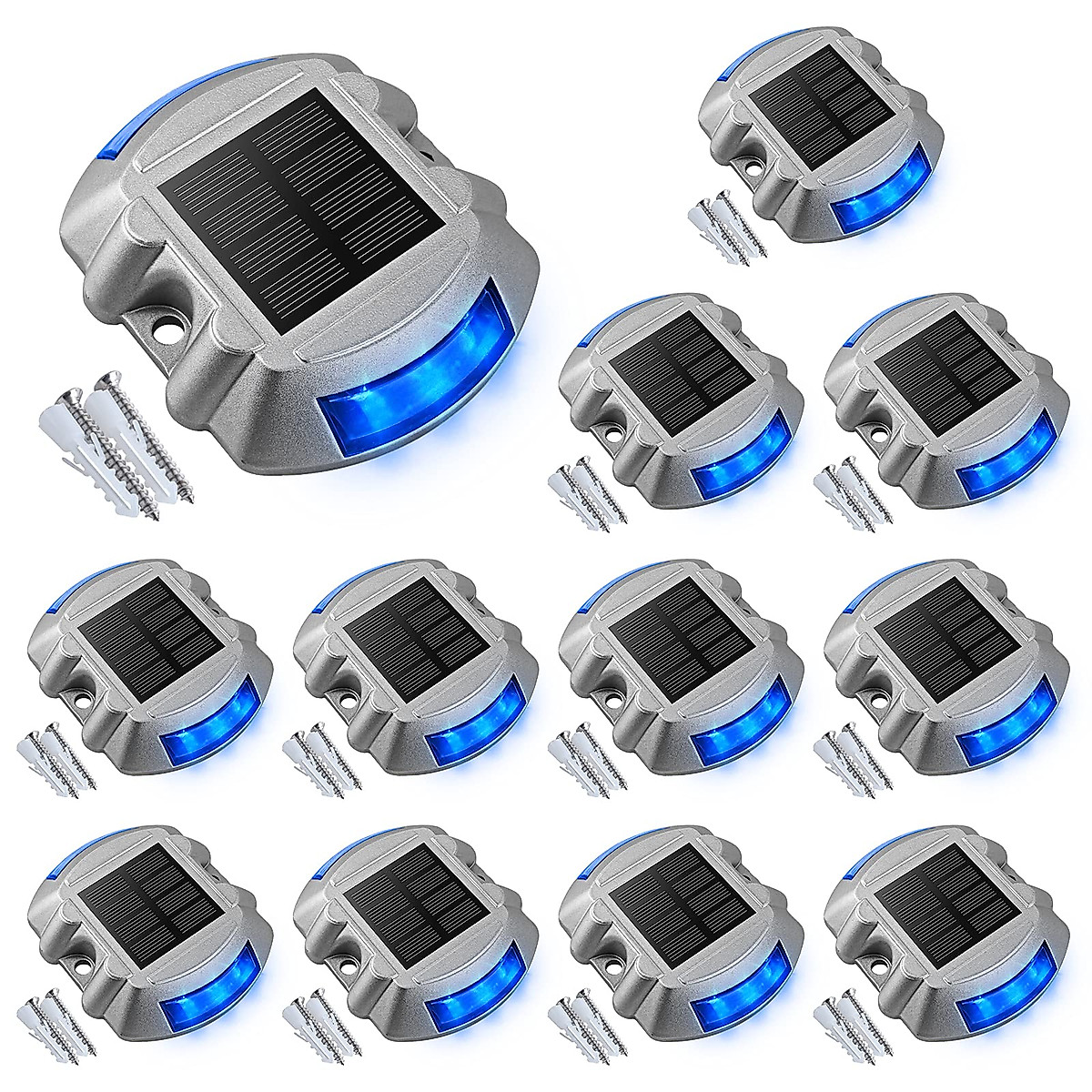 VOLISUN Solar Deck Lights Driveway Dock Lights, 12-Pack Led IP67 Waterproof Outdoor Warning Step Lights for Driveway Sidewalk Garden Pathway Yard (Blue)