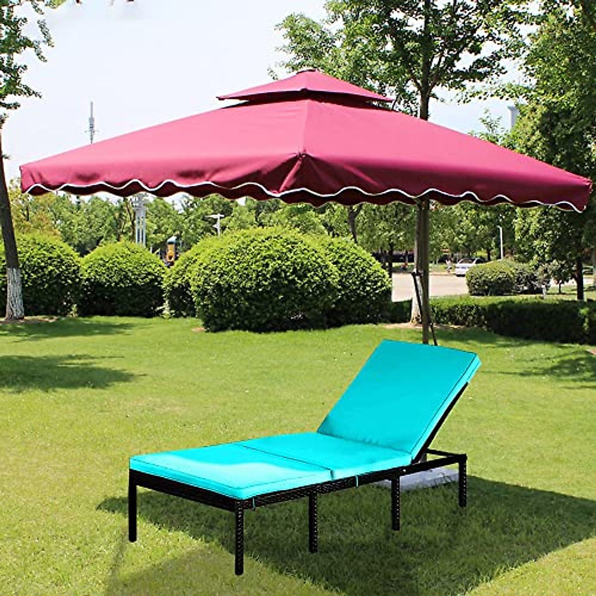 Outdoor Patio Chaise Lounges Chairs Furniture Adjustable Wicker Couch Bed Blue Thick Cushion.