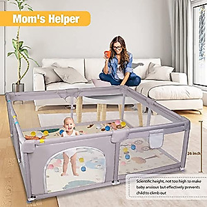 COLOR TREE Baby Playpen with Mat, 71”x59” Extra Large Playpen for Babies and Toddlers, BPA-Free Baby Playard with 50 Ocean Balls, Basket, Anti-Slip Base, Breathable Mesh, Kids Activity Center Gray