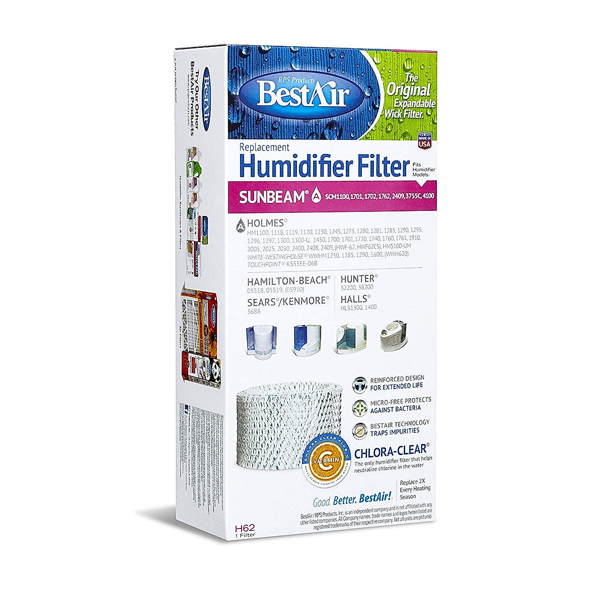 BestAir H62-PDQ-4 Extended Life Humidifier Replacement Paper Wick Humidifier Filter, For Holmes, Sunbeam, Touch Point, Halls, White-Westinghouse & Hamilton-Beach Models, 4.5" x 2.5" x 9.2", 4 Pack