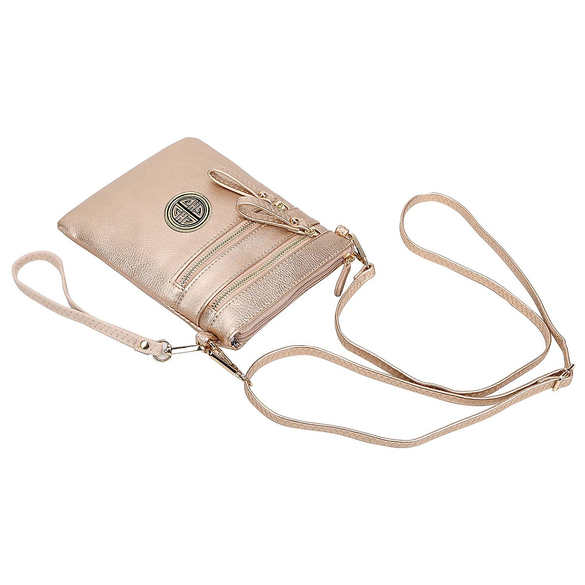 Solene Women's Faux Leather Organizer Multi Zipper Pockets With Detachable Wristlet Crossbody Bag -WU002L (Rose Gold-1)