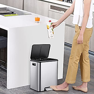 GlowSol Dual Trash Can for Recycling and Trash, 2 x 4 Gallon (30L) Stainless Steel Kitchen Trash Can with Lid and Foot Pedal, Double Compartment Garbage Can, Trash Can with Recycling Bin