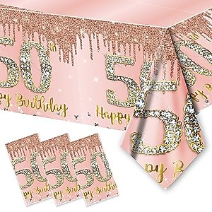 BAIFURRY 3 Piece 50th Pink Rose Gold Happy Birthday Theme Decorations for Womens, Fifty Year Old Happy Birthday Tablecloth Party Supplies, Plastic Disposable Rectangular Tablecloth Decorations