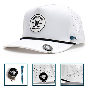 BRIMZ Golf Performance Hat - Breathable Sweat & Water Resistant Golfing Snapback Cap with Tee Holder & Magnetic Ball Marker (White)