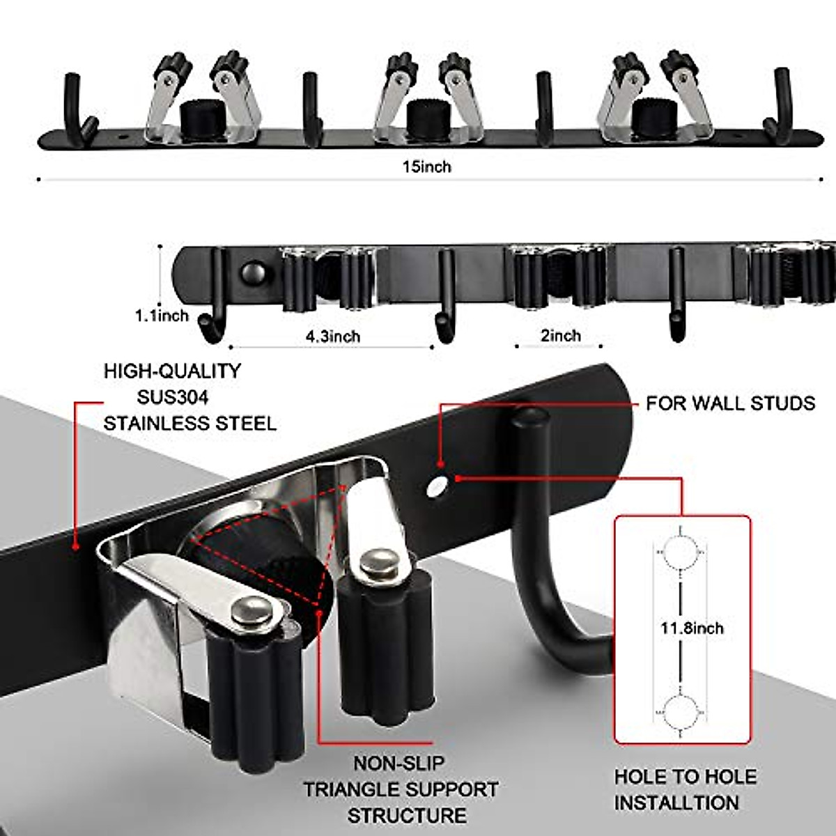 Goowin Broom Holder Wall Mount, Broom Holder, Heavy Duty Stainless Steel Broom and Mop Holder Wall Mounted with 3 Racks 4 Hooks for Bathroom Kitchen Office (Black)