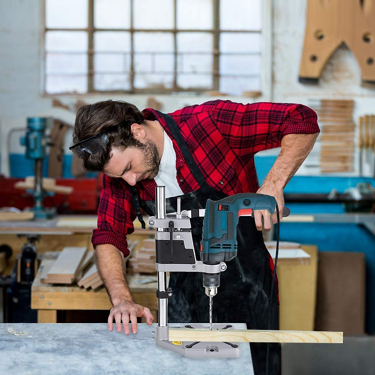 Drill Stand for Hand Drill, Universal Adjustable Drill Press Clamp, Heavy Duty Drill Press Holder Workbench Repair Tool Bench Clamp, Support Tool with Single Hole Aluminum Base