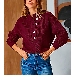 Okiwam Women's V Neck Button Sweater Loose Long Sleeve Cable Knit Pullover Fall Casual Jumper Top