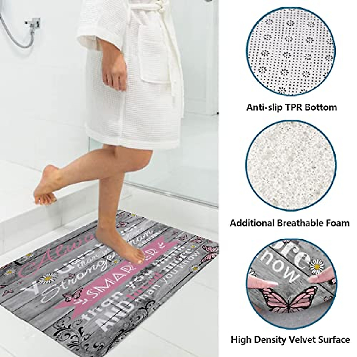 AAtter 4 Piece Pink and Grey Shower Curtain Set Inspirational Quotes Girls Kids Motivational Women 60Wx72L Curtains Decor with Non-Slip Rugs, Toilet Lid Cover and Bath Mat Bathroom Accessories, Rustic