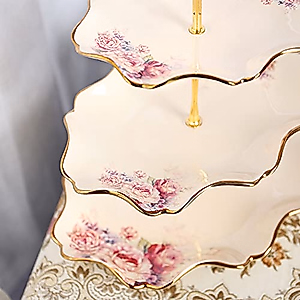 fanquare 3-Tier Floral Royal Cupcake Stand, Vintage Fruit Plate with Gold Trim, Dessert Stand for Birthday, Wedding, Tea Party