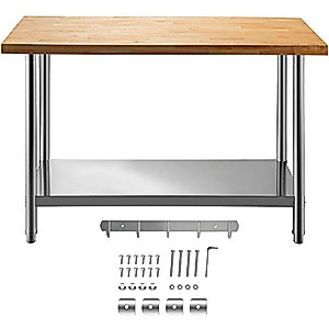 VEVOR Maple Top Work Table, 36x24 Inches, Stainless Steel Wood Kitchen Prep Table with 937 LBS Load Bearing, Kitchen Island Table with Lower Shelf and Adjustable Feet, Outdoor Prep Table for Kitchen