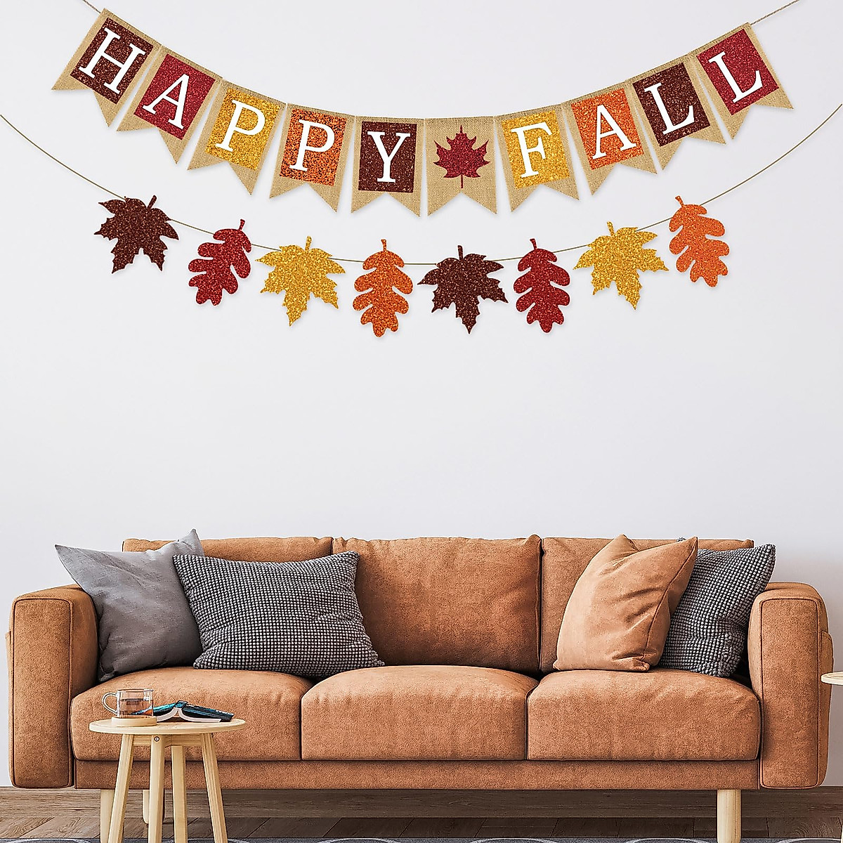 AnyDesign 2Pcs Fall Banner Glitter Maple Leaf Paper Banner Happy Fall Burlap Banner Pre-Assembled Rustic Bunting Garland Hanging Decorations for Autumn Thanksgiving Party Decoration Supplies