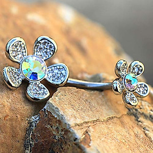 Dynamique 316L Surgical Steel Double Rainbow Flower Belly Button Ring (Sold Per Piece)