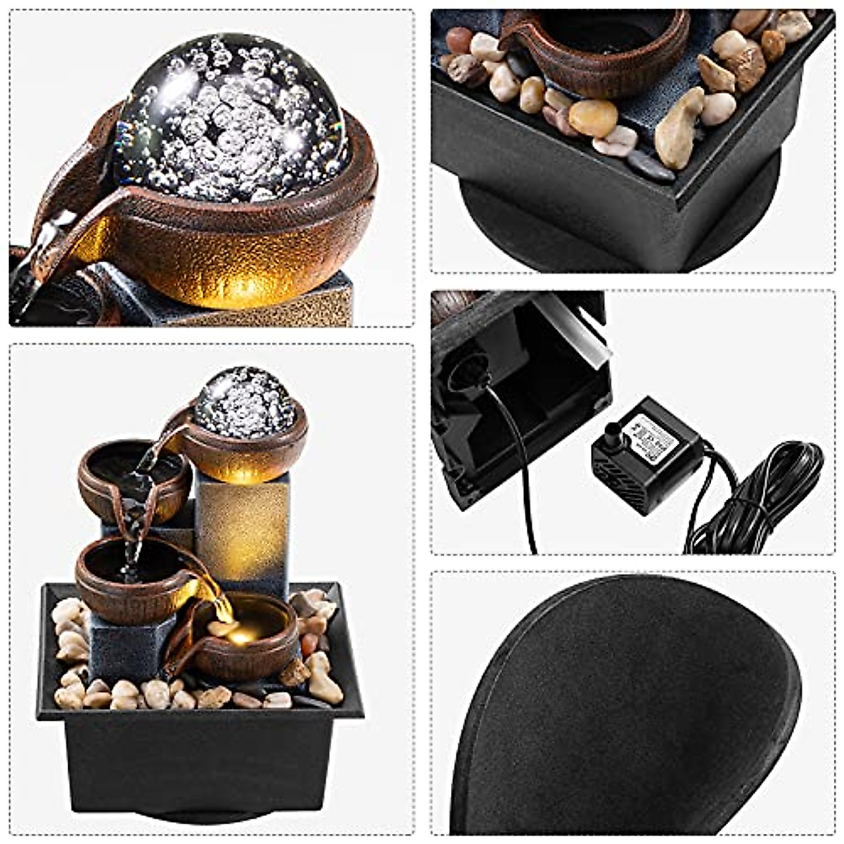 Tabletop Fountain 4 Level Tabletop Waterfall Meditation Fountain Indoor Fountain Office Home Relax Desktop Fountain Pool Includes Many Natural River Rocks LED Lights Fixed Decorative Bubble Ball