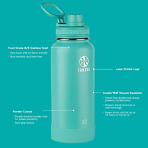 Takeya Actives 24 oz Vacuum Insulated Stainless Steel Water Bottle with Spout Lid, Premium Quality, Teal