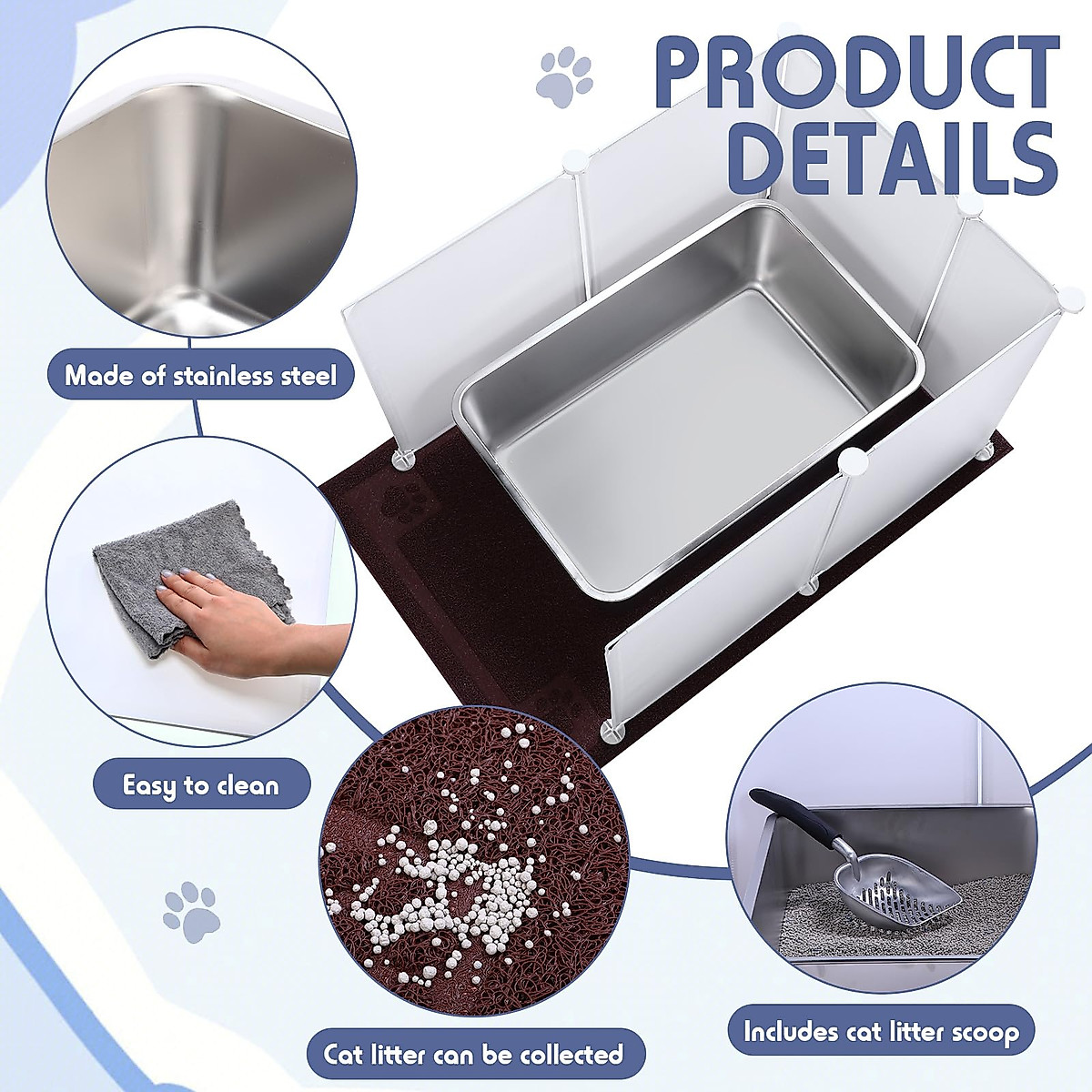 Pinkunn 2 Set Stainless Steel Cats Litter Box Large Metal Litter Box with 2 Cat Litter Scoop, 12 Litter Splash and 2 Cat Litter Mat, Never Absorbs Odor (Brown,23.6 x 15.7 x 7.9 Inch)