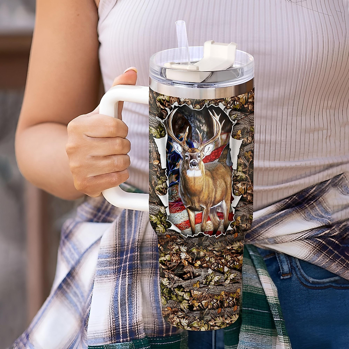 Hyturtle Personalized Hunting Gifts For Men-Deer Hunting Tumbler 40oz with Handle & Straw-Stainless Steel Travel Coffee Cup With Lid Gift For Dad Him Boy Husband-Birthday Christmas Gifts For Hunters