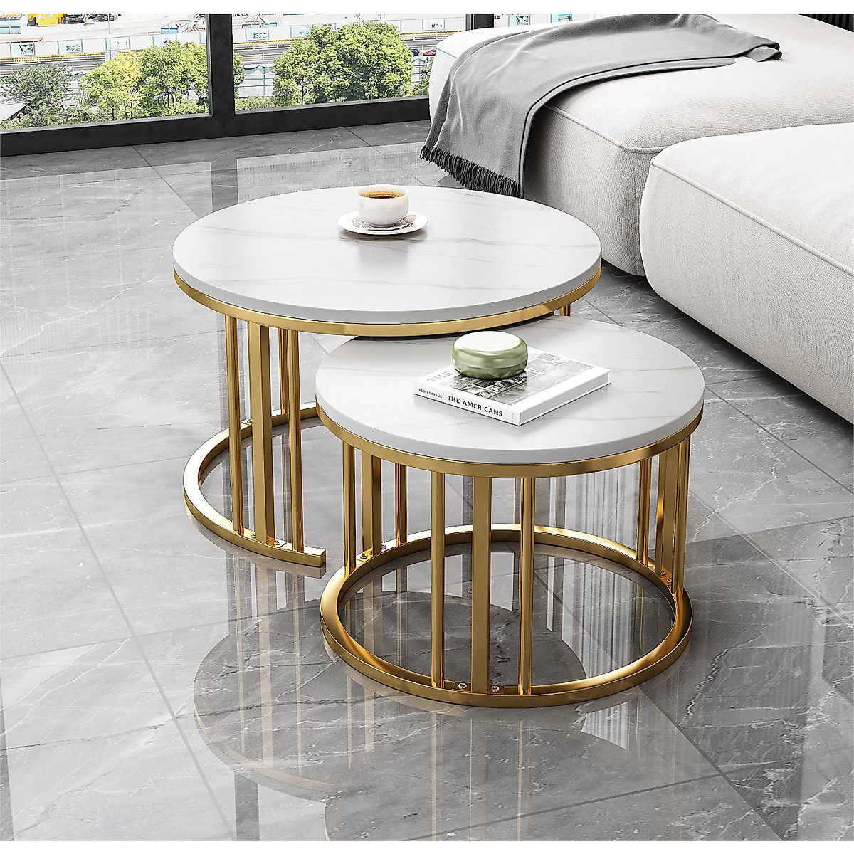 QLJJSD Round Nesting Coffee Table Set of 2 Modern Cocktail Table with Metal Frame for Living Room Small Spaces White and Gold(Desktop Size 28"+20")