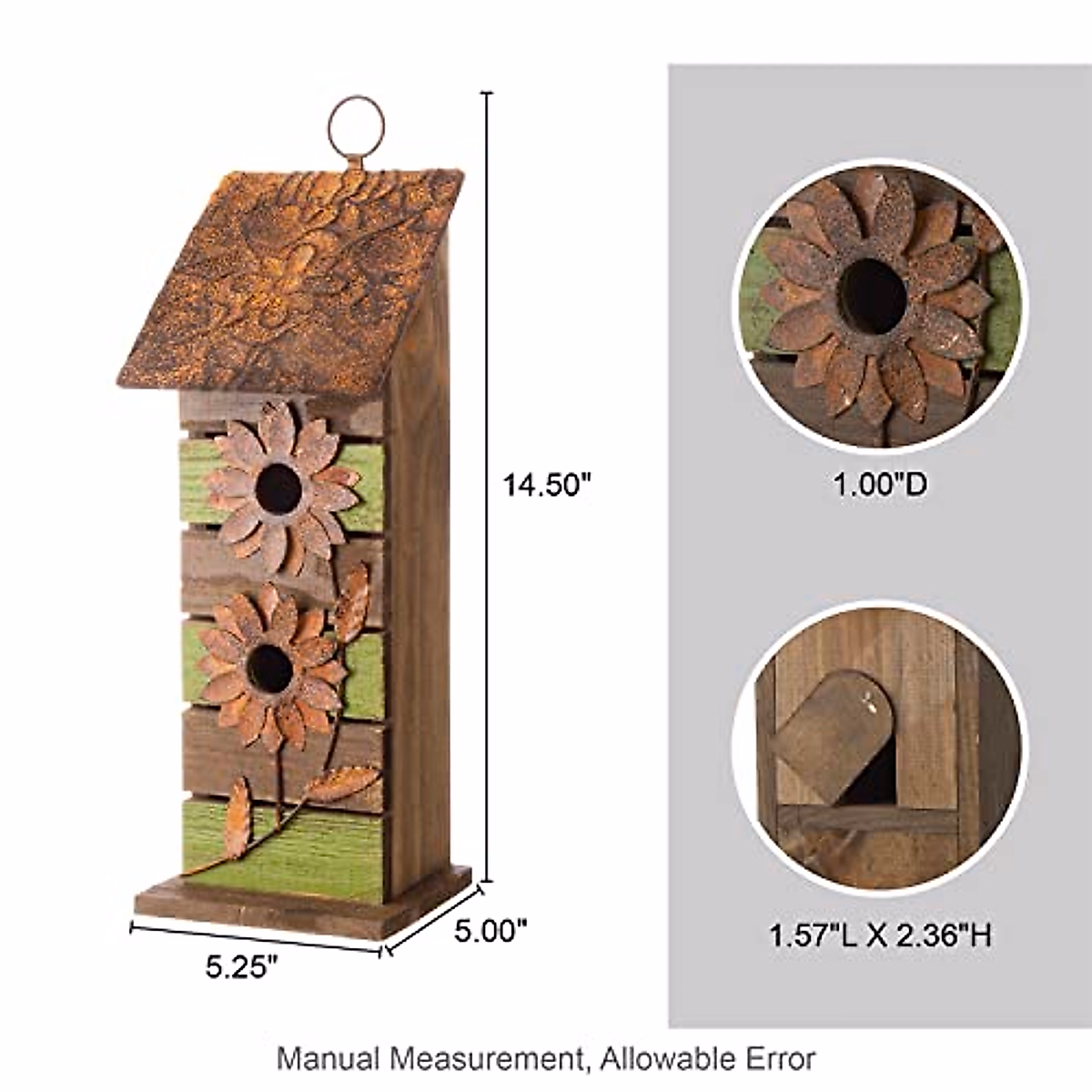 Glitzhome 14.5" H Wooden Garden Bird House Hanging Two-Tiered Distressed with Flowers Decorative Birdhouse