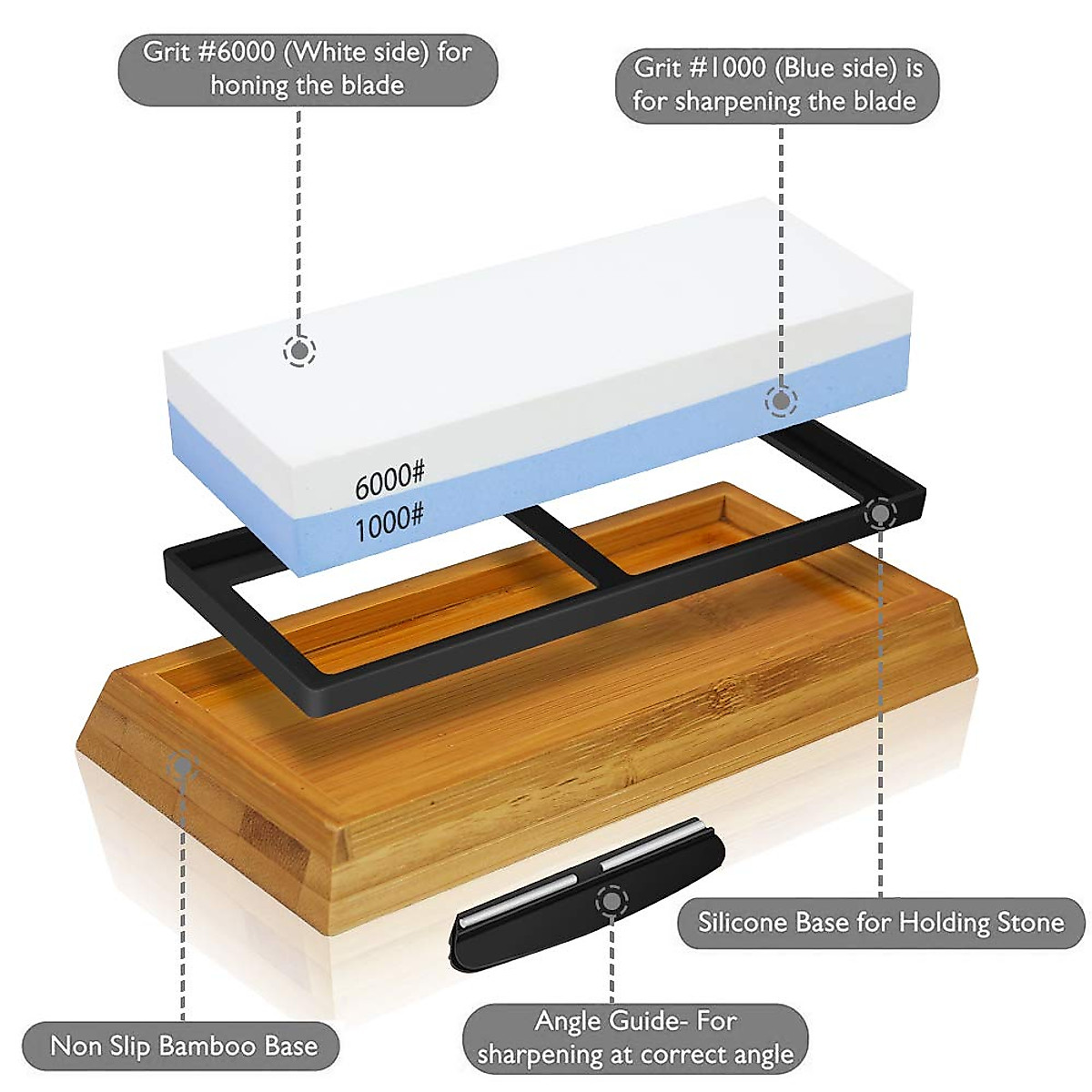 MASSUGAR Whetstone Knife Sharpening Stone Set, 2-Sided Premium Wet Stone Sharpener 1000/6000 Grit Wetstone Kit for Kitchen knives with Non-Slip Bamboo and Silicon Base Angle Guide, Flattening Stone
