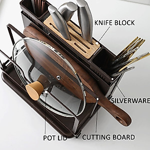 ZOOFOX Cutting Board Holder, 5 in 1 Metal Chopping Board Organizer Pan Pot Cover Lid Rack Stand with Utensil Knife Holder, Kitchen Organizer Rack for Cabinet and Countertop