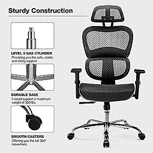 Ergonomic High Back Office Chair - High Office Chair with Headrest, Lumbar Support, Movable Armrests, Swivel Mesh Office Chair with 300 lbs Weight Capacity Adjustable Height for Home Office, Executive