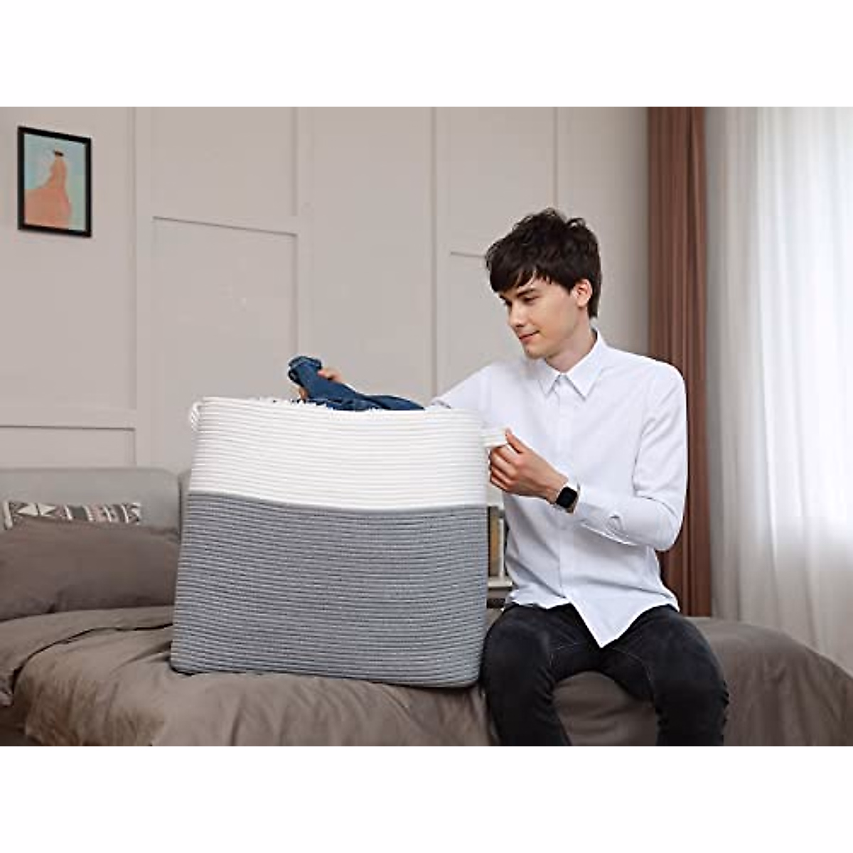 24"x16"x20" Mega Size Rectangular Extra Large Storage Basket, Cotton Rope Storage Baskets, Woven Laundry Hamper, Cloth Storage Bin, for Clothes Blanket in Living Room, Grey Rectangular Basket