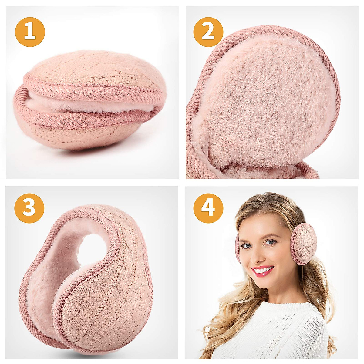 Syhood 2 Pieces Foldable Ear Warmers Adjustable Knitted Earmuffs with Fuzzy Fleece Lining Unisex Furry Winter Earmuffs (Pink and Grey)