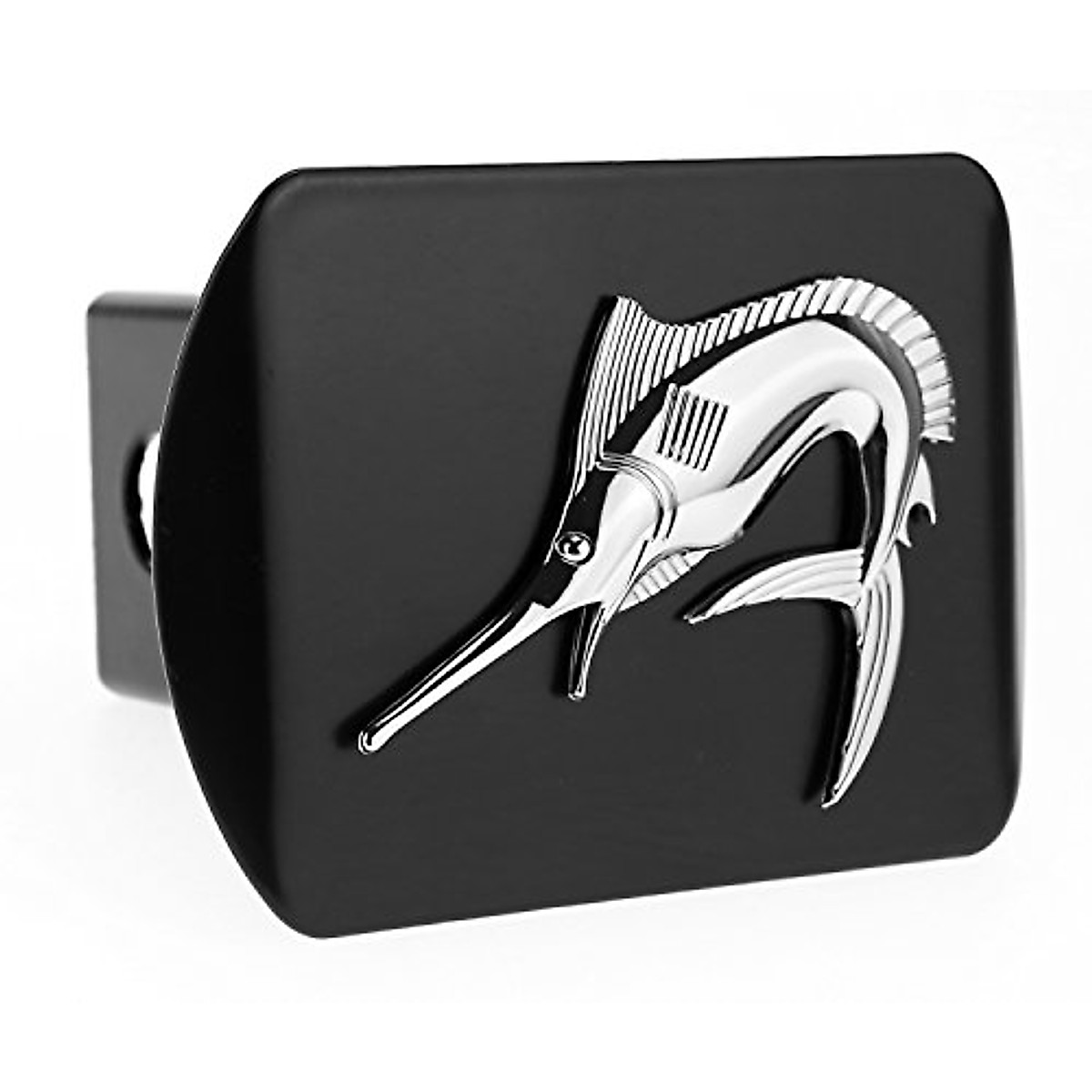 LFPartS Marlin Swordfish Fishing Fish 3D Chrome Emblem on Black Trailer Metal Hitch Cover Fits 2" Receivers