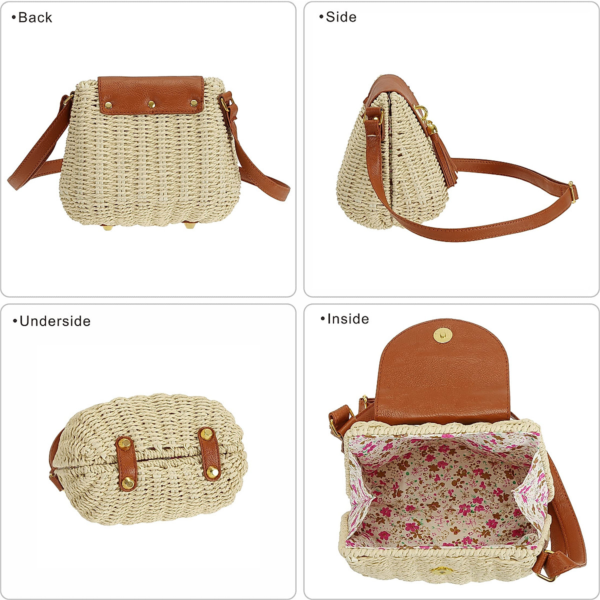 So'each Women's Handmade Wicker Woven Purse Tassels Message Crossbody Bag