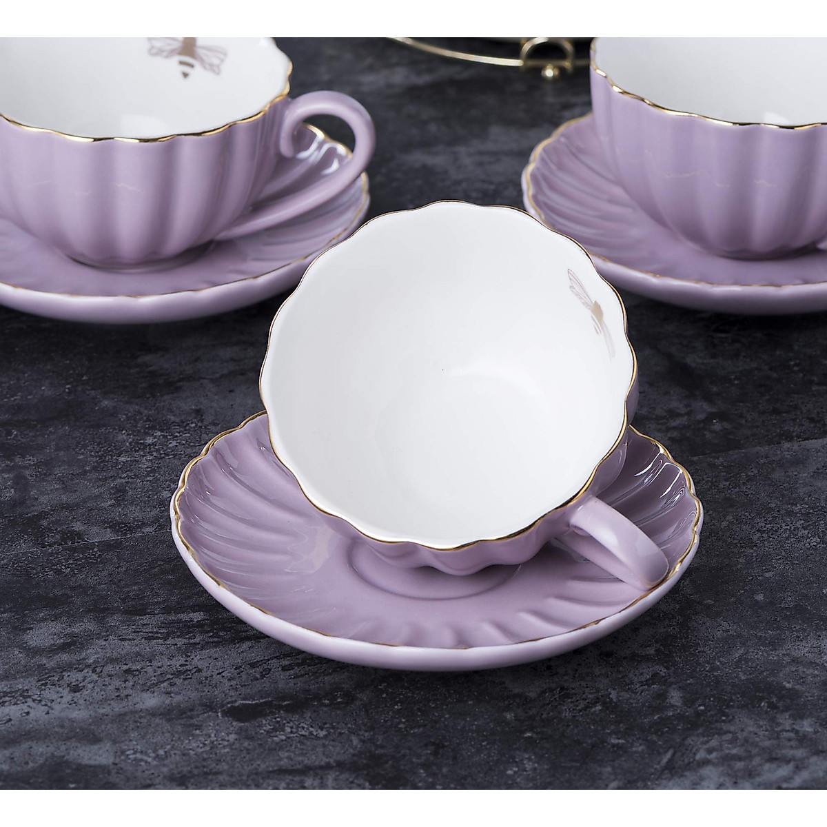 Jusalpha Fine China 8 OZ Purple Coffee Cup/Teacup, Saucer, Spoons, Teapot and Creamer set, 17-Pieces (FD-TW17PC SET, Purple)