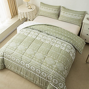 Boho Stripe Comforter Set King Size Bohemian Aztec Comforter Folkloric Art Bedding Set Girls Women Teens Green Comforter Set with 2 Pillow Cases Exotic Tribal Quilt Set for College Dorm Soft Duvet