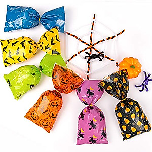 Whaline 150Pcs Halloween Cello Bags Cellophane Bags 6 Design with Twist Tie Candy Treat Bags Sweet Bags Pumpkin Spider Bat Bone Gift Bags Orange Party Favors for Halloween Day Table Decor