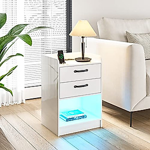 4 EVER WINNER Nightstand Set of 2 LED Light Nightstand with Charging Station, End Table with 2 Drawers for Bedroom, Bedside Table with Power Outlets & USB Ports, White