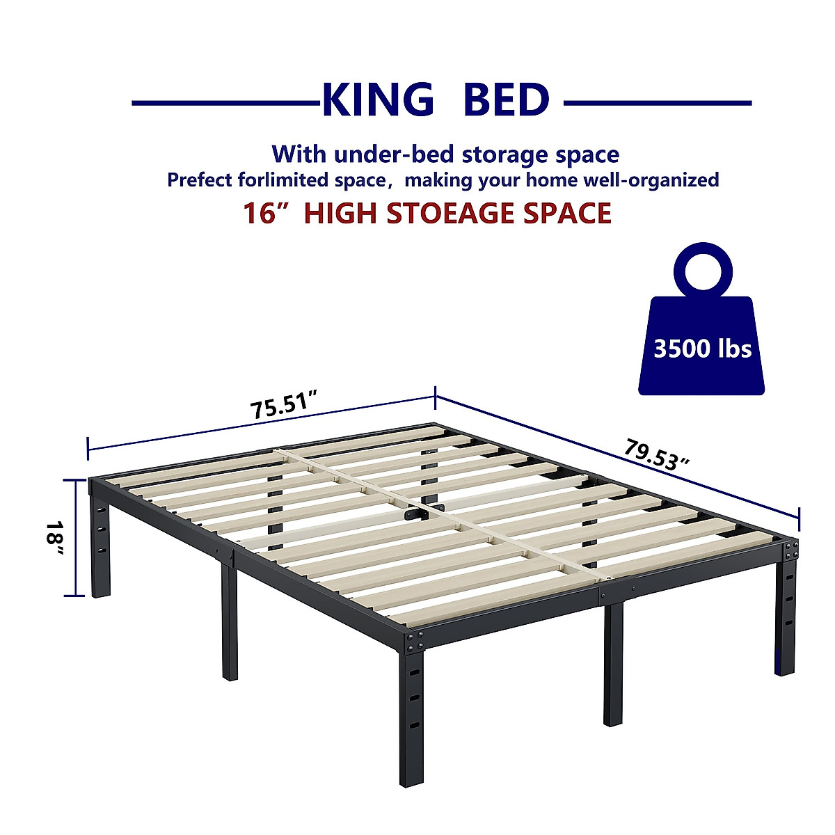 ZIYOO King Size Bed Frame 18 Inch Tall 3 Inches Wide Wood Slats with 3500 Pounds Support, No Box Spring Needed for Foam Mattress, Underbed Storage Space, Easy Assembly, Noise Free