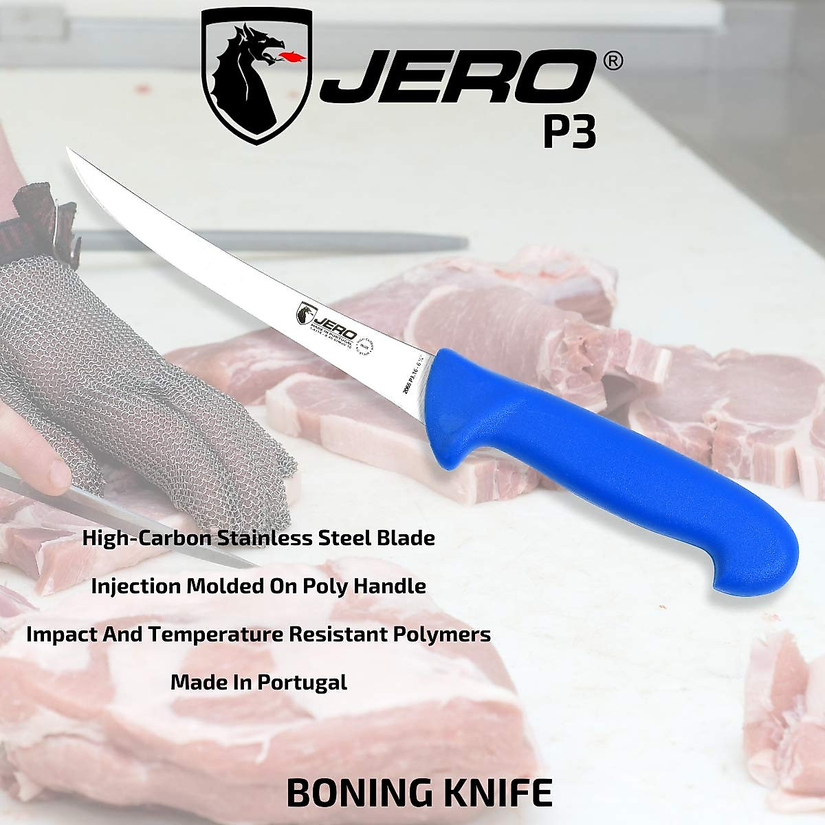Jero Butcher Series P3 6" Curved Half Flex Blade Boning Knife - German Stainless Steel - Polymer Handle - Meat Processing Butcher or Chef Knife - Model 2065FP3